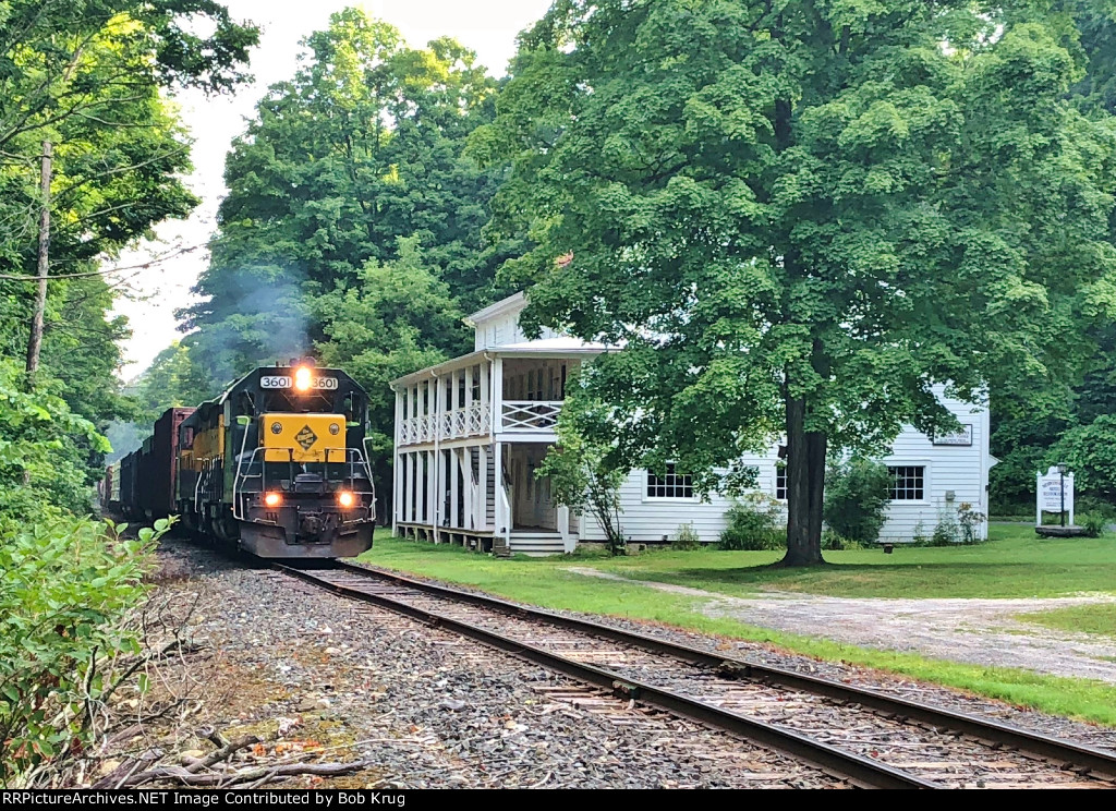 HRRC 3601 passes the hotel restoration at Merwinsville, CT